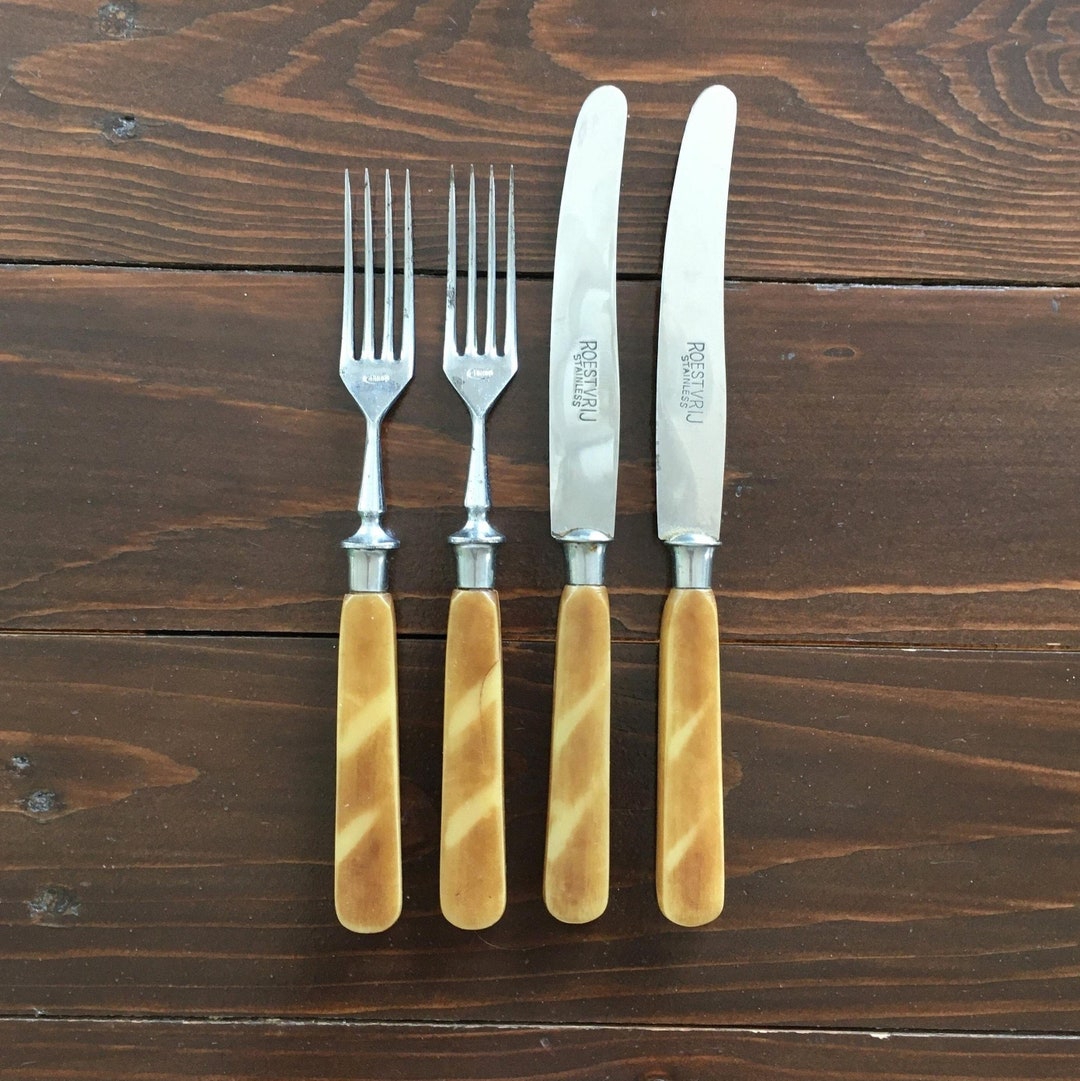 Faux Bone Cutlery Set of 4, Bakelite Flatware, Antique Knives and Forks ...