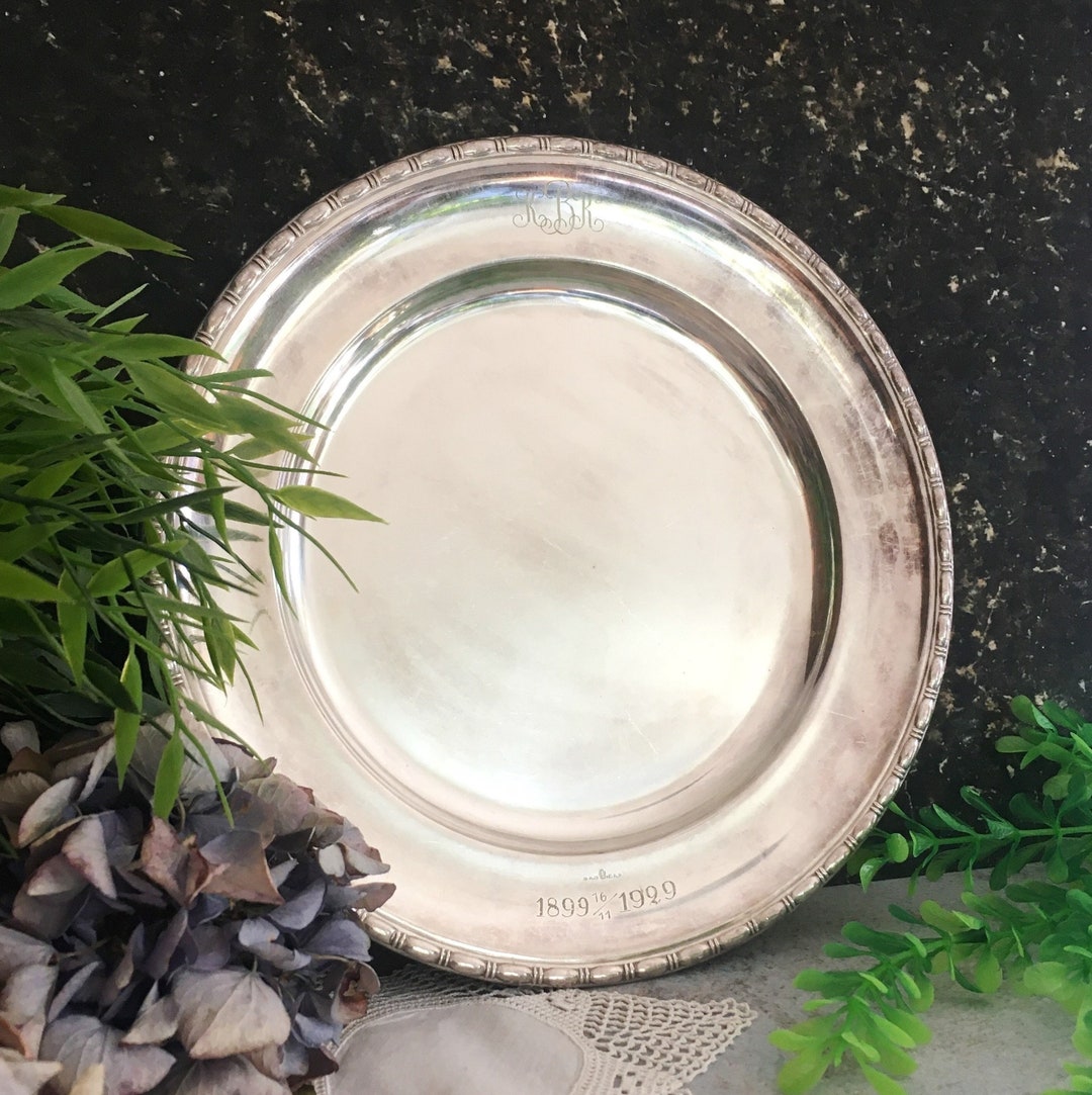 Silver Plated Tray, Monogram Round Platter, Vintage Drinks Food Serving ...