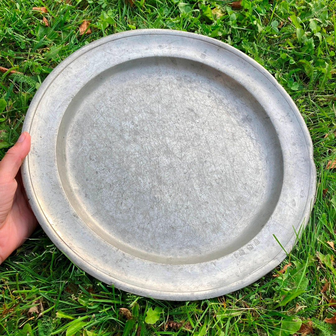 Huge Serving Tray, XL Round Tin Platter, Antique Hallmarked Pewter ...