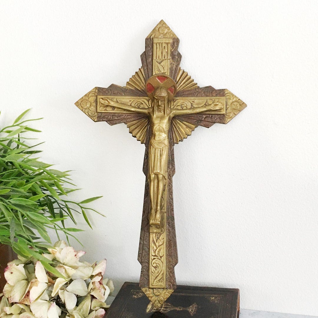 Wall Crucifix, Large Brass Cross, Antique Trinity Jesus Christ ...