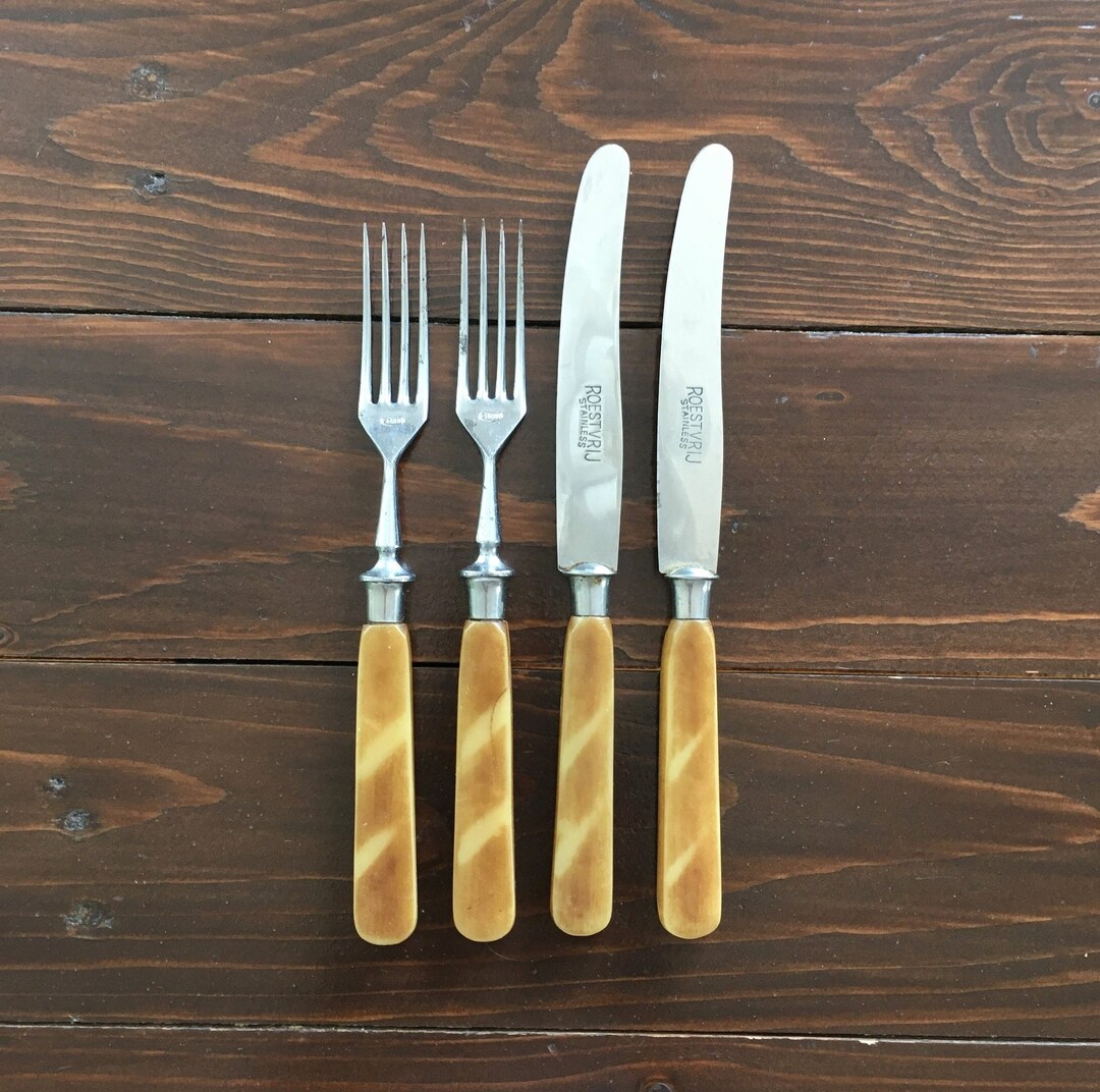 Faux Bone Cutlery Set of 4, Bakelite Flatware, Antique Knives and Forks ...