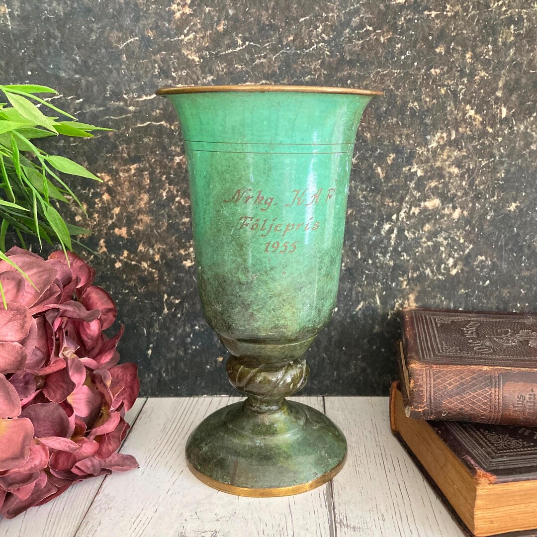 Vintage Trophy Cup, 1950s Scandinavian Verdigris Bronze Footed Vase ...