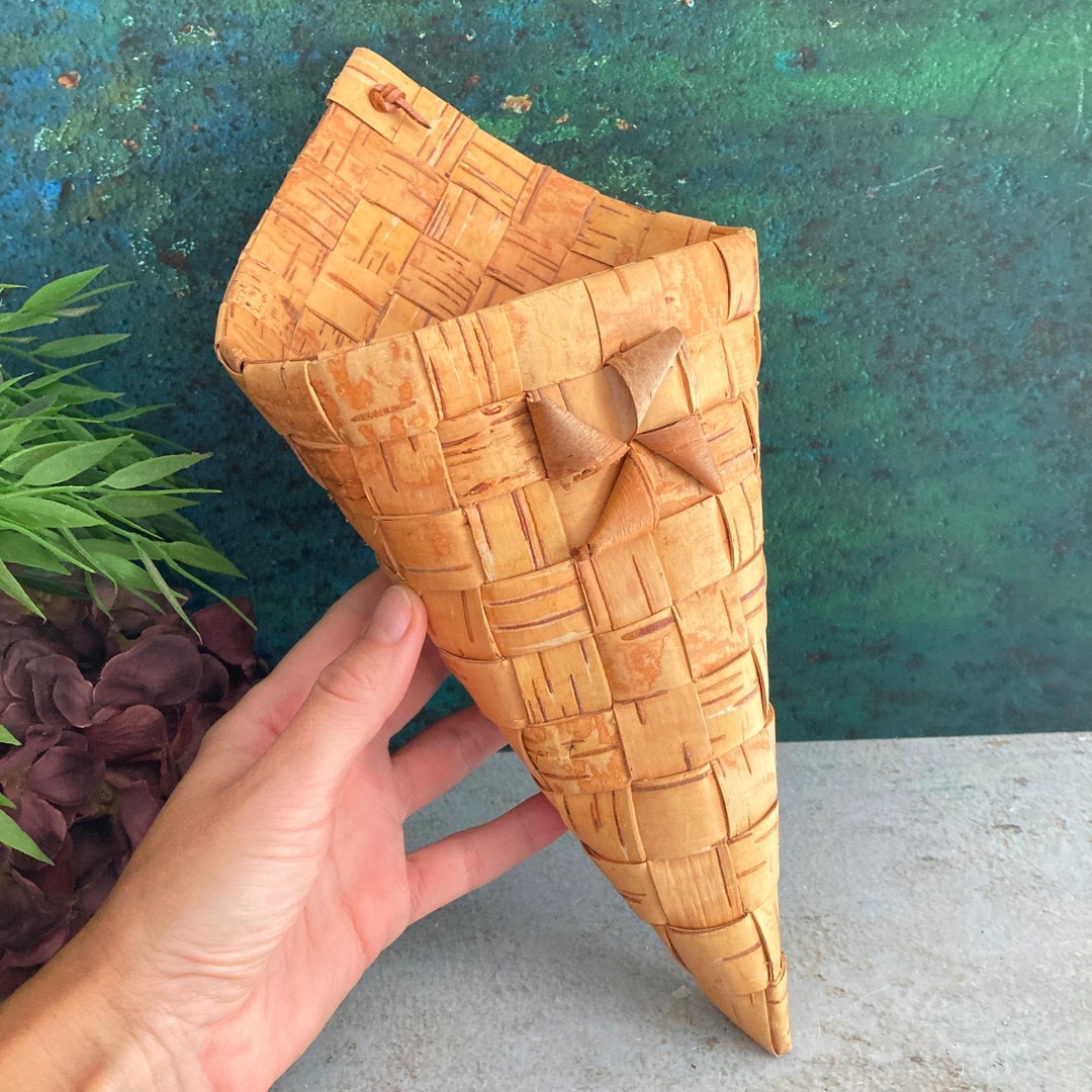 Birch Bark Cone Basket, Large Hand Woven Organic Horn of Plenty ...
