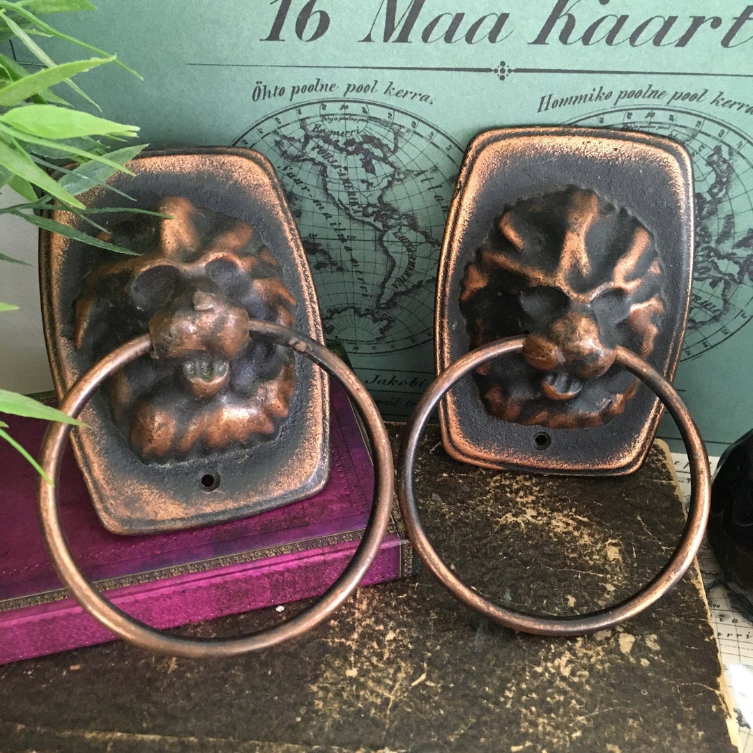 Antique Door Pulls, Door Knockers Pair, Lion Head, Large Ring Door Knobs, Cast Iron Bronze ...