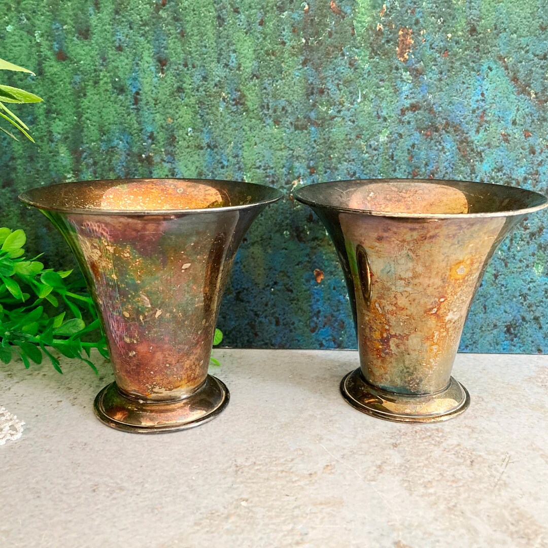 Silver Plated Trophy Cup Pair, 2 Vintage Matching Silver Patina Cups ...