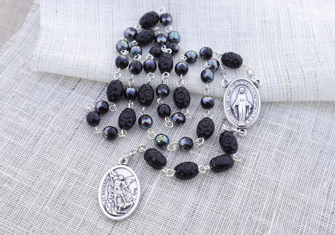 Saint Michael Archangel Chaplet - Angelic Crown Rosary - Black Glass Rosary of the Angels - Nine ...