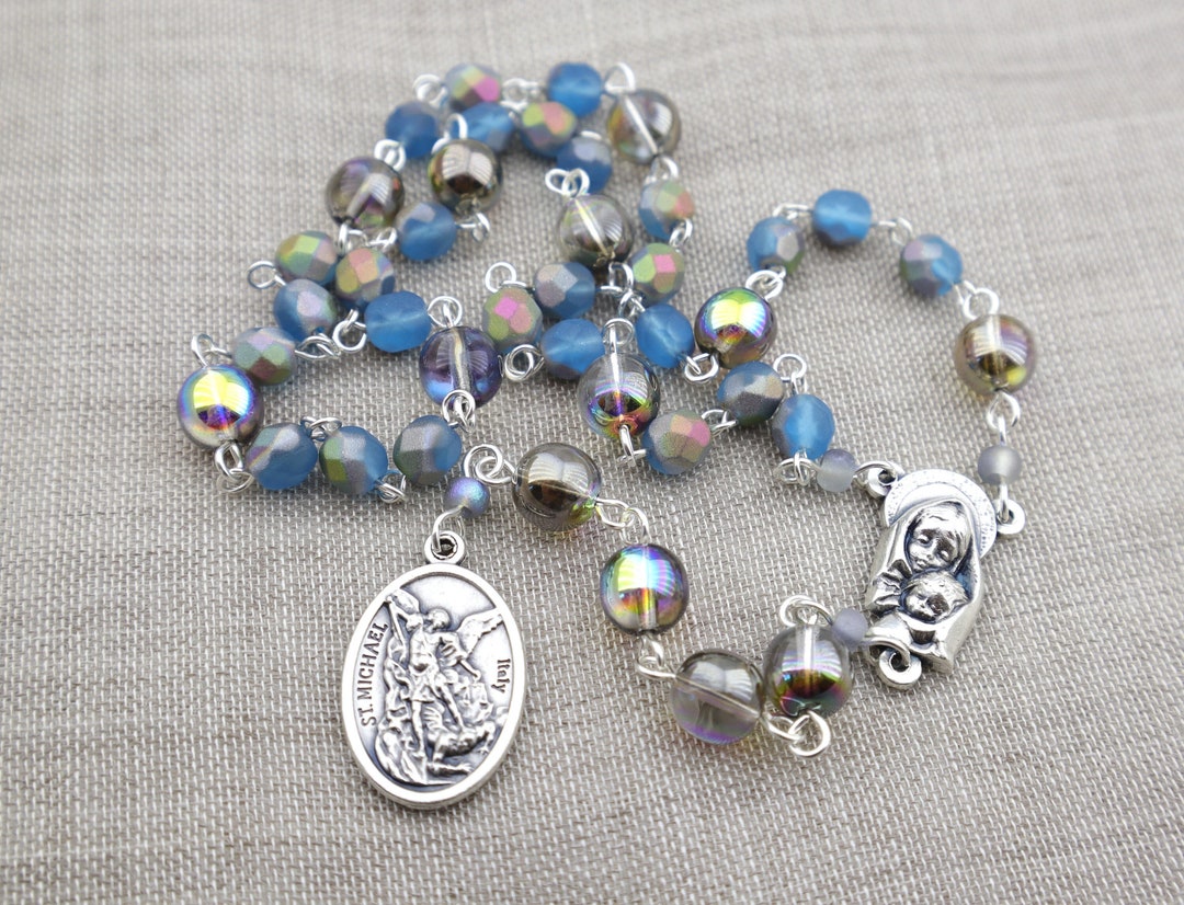 Saint Michael Archangel Chaplet Angelic Crown Rosary Blue Glass Rosary of the Angels Nine Choirs ...
