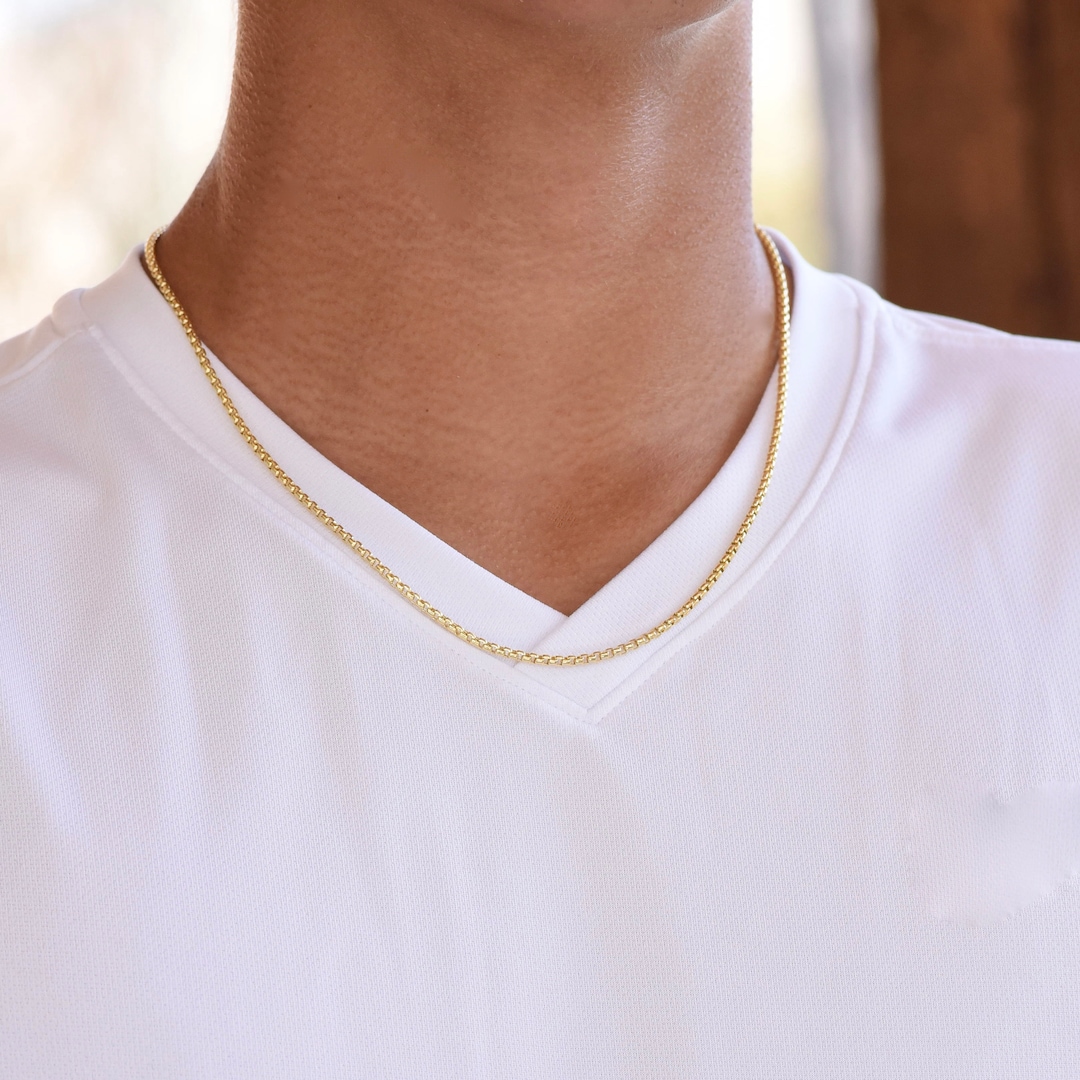 14K Gold Men's Necklace, 14K Gold 2.5mm Rounded Box Chain - Etsy