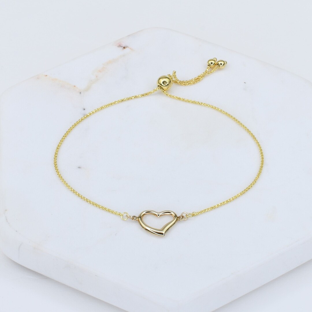 14k Gold Heart Bracelet Adjustable Heart Bracelet - Etsy