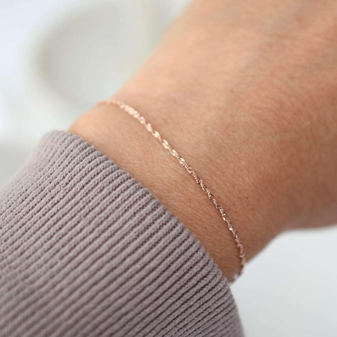 14K Rose Gold Dainty Sparkle Chain Bracelet - 14K Rose Gold 1.1mm Chain ...