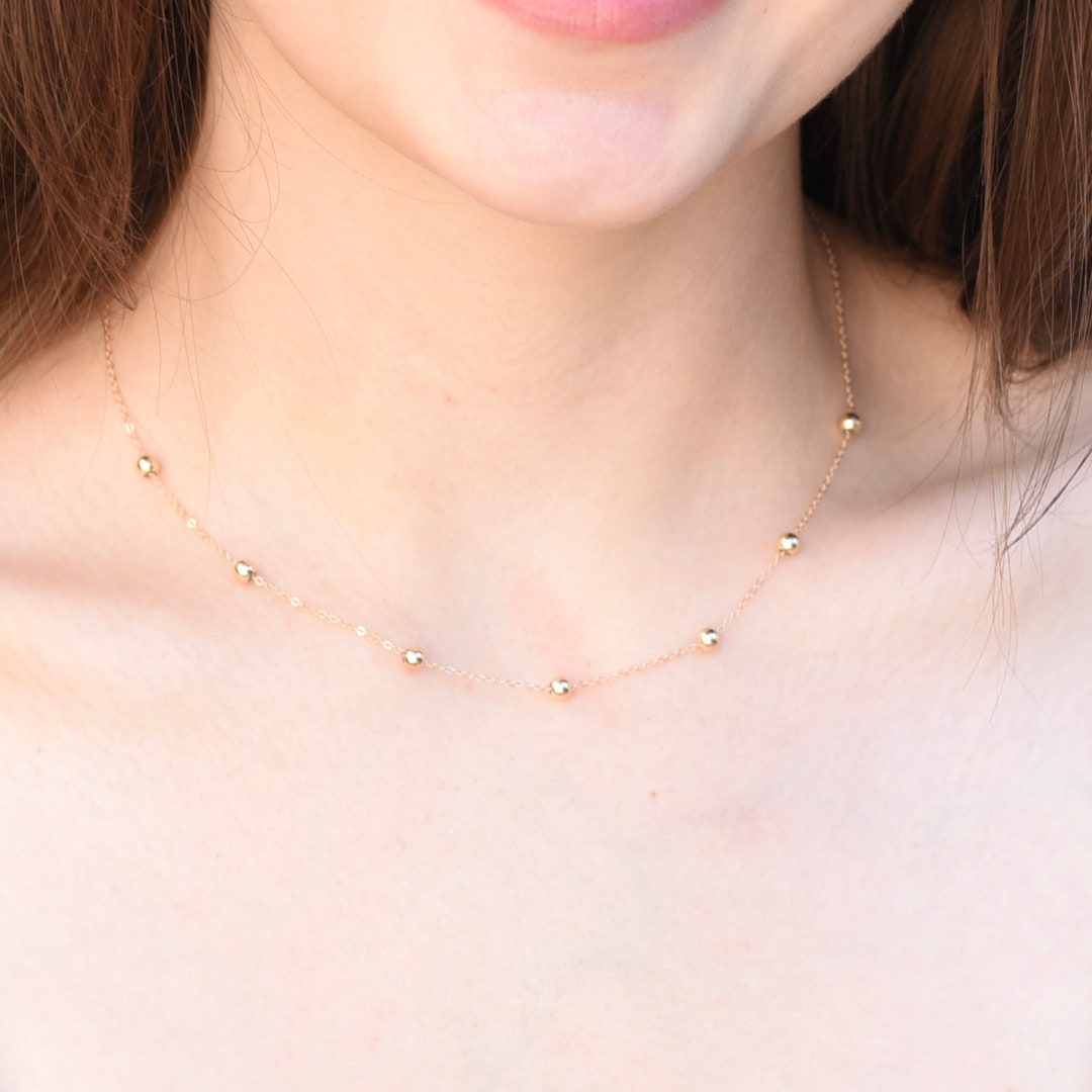 14K Gold Ball Beads Necklace. Delicate Necklace. 14K Gold Sliding ...