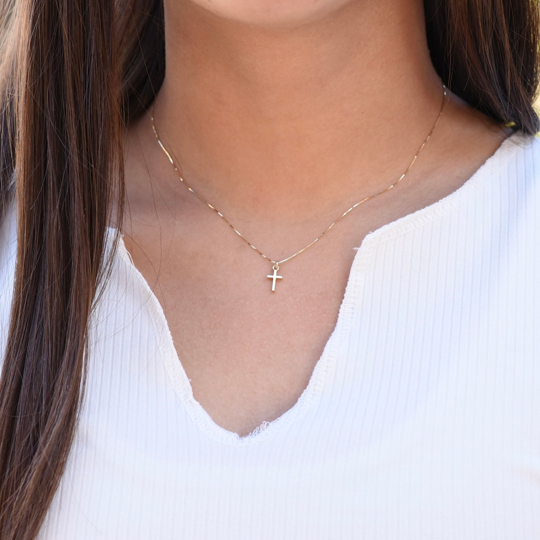 14K Solid Gold Tiny Cross Necklace: Dainty Gold Box Chain - Etsy