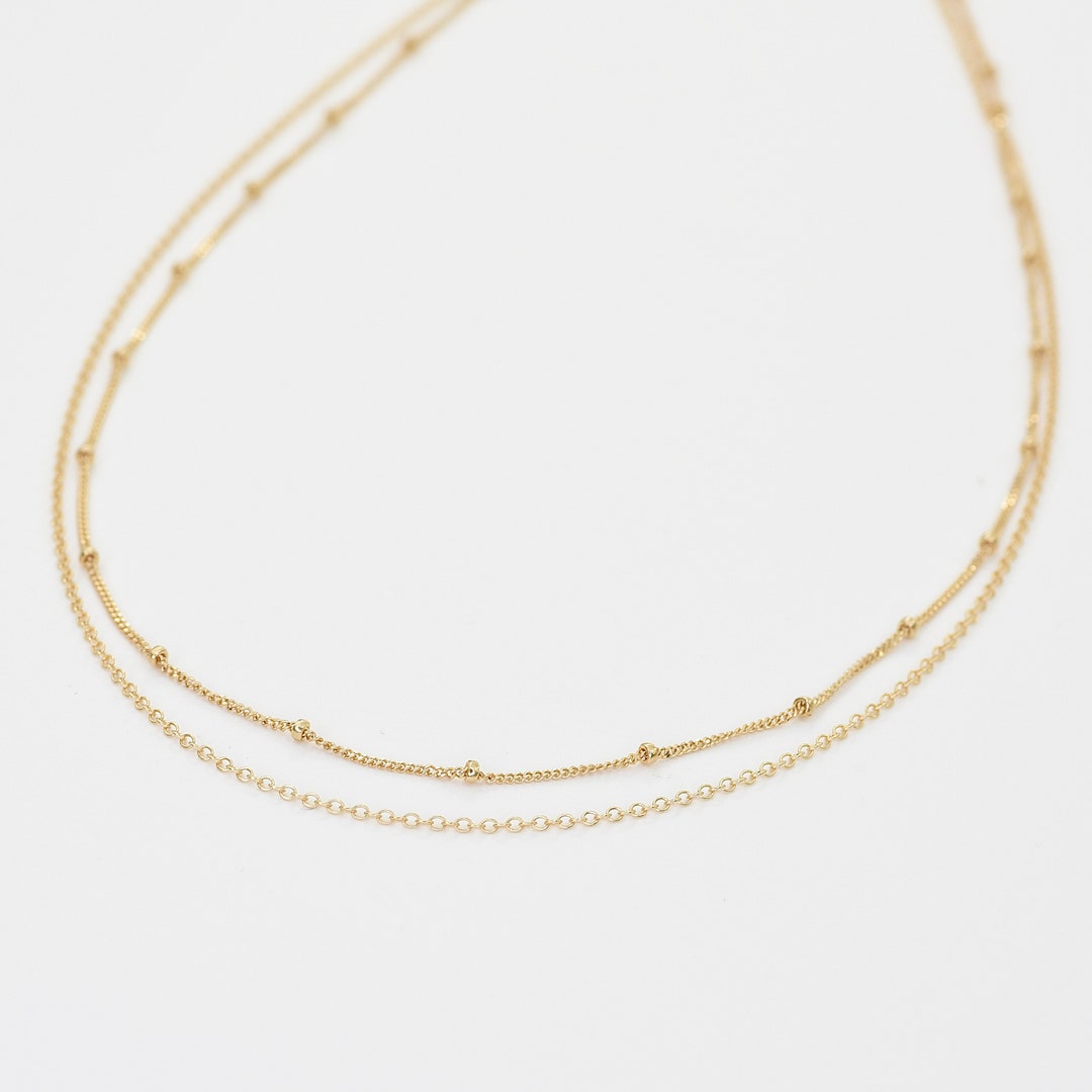 14K Gold Double Chain Necklace - 14K Gold Satellite Chain and Cable ...