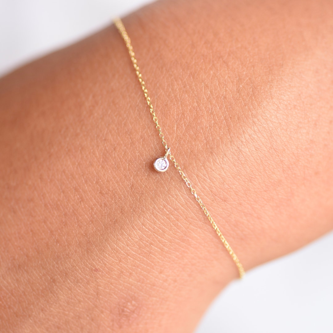 14K Gold Dainty Chain Tiny Diamond Bracelet - Ultra Delicate 14K Solid ...