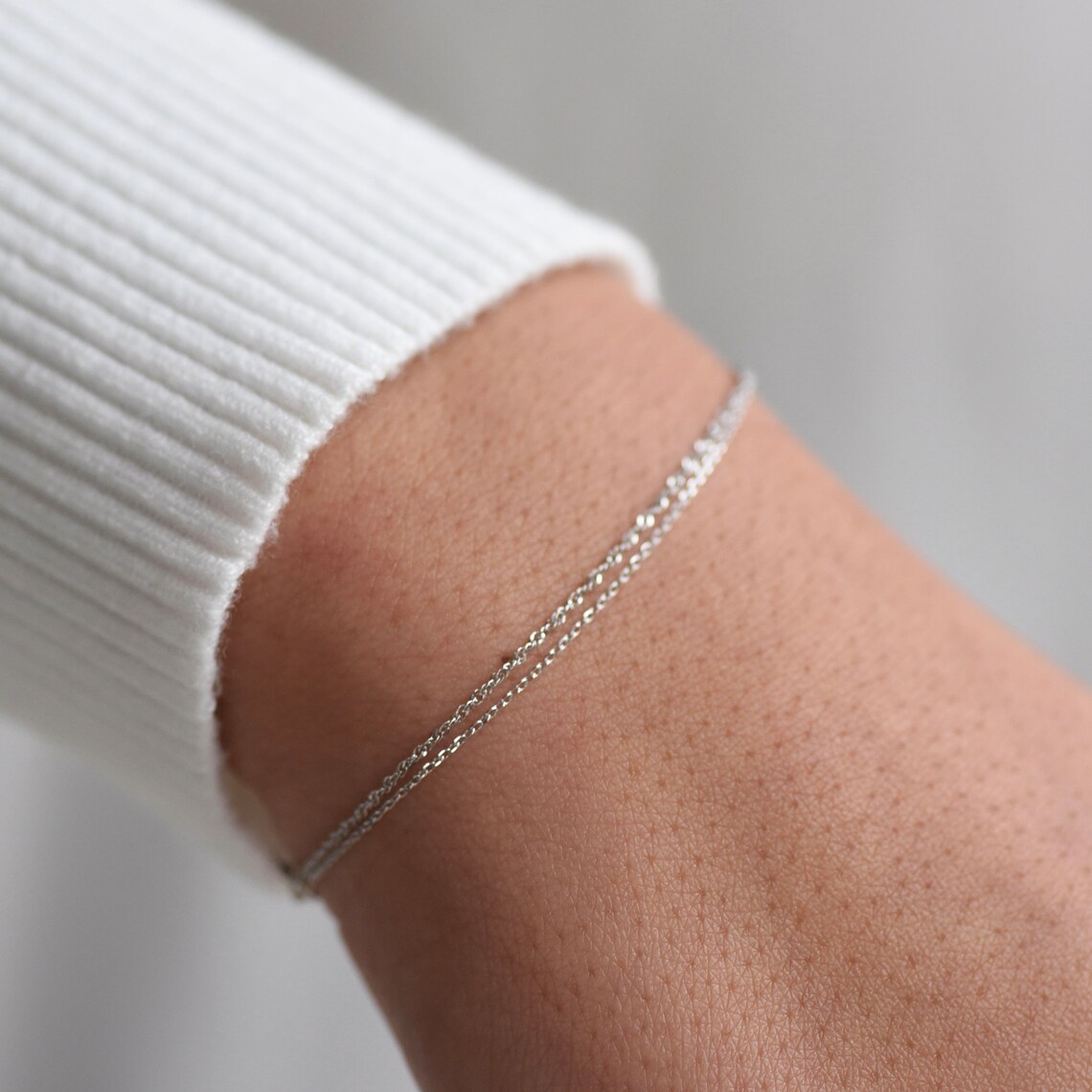 14K White Gold Dainty Double Chain Bracelet 14K Solid White - Etsy