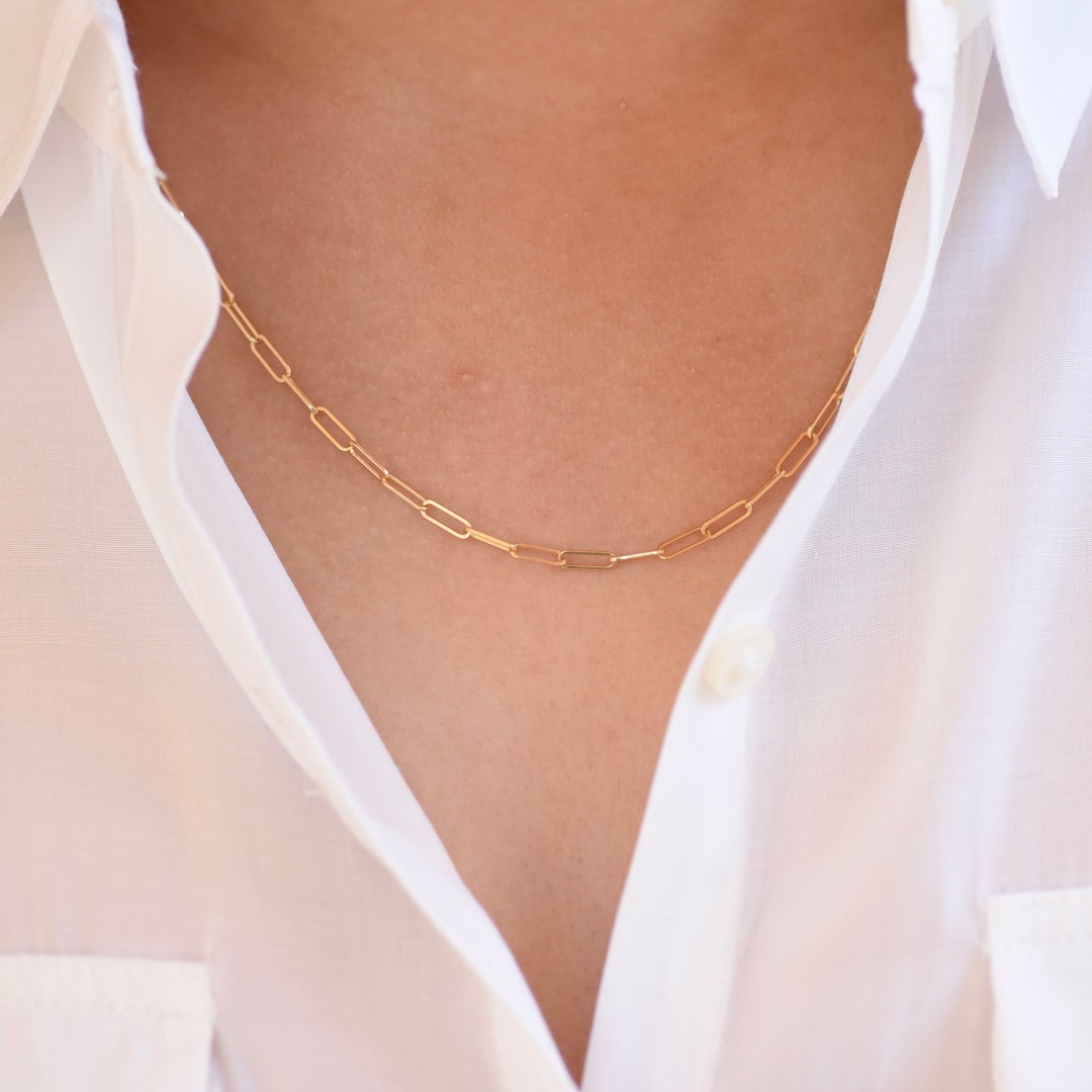 14K Gold Paper Clip Chain Necklace, 2.5mm Paper Clip Chain - Etsy