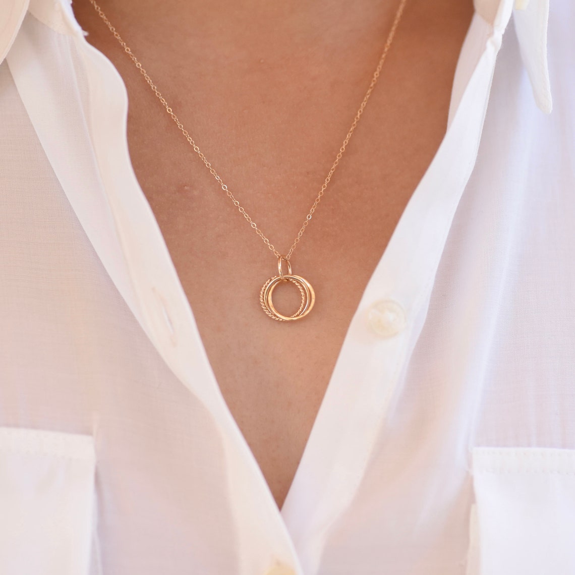 14K Gold Triple Linked Ring Pendant Necklace 14k Small | Etsy