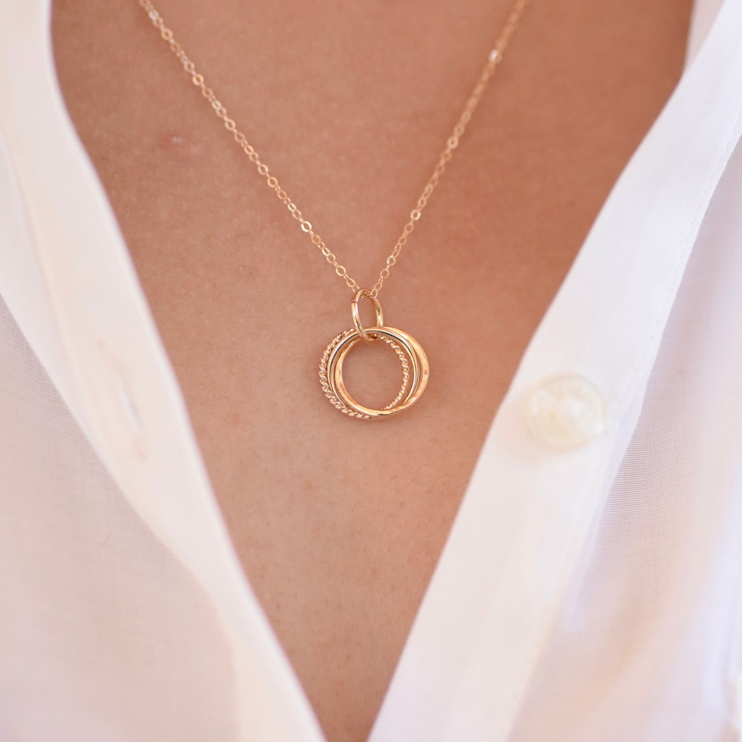 14K Gold Triple Linked Ring Pendant Necklace - 14k Small Pendant ...