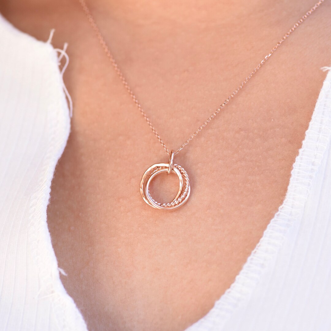 14K Rose Gold Triple Linked Ring Pendant Necklace - Etsy