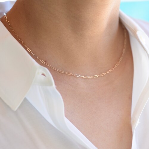 Solid 14K Gold Paper Clip Chain Necklace Rectangle Long Link - Etsy