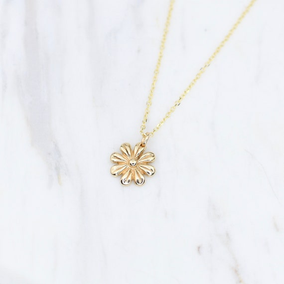14K Gold Flower Necklace 14K gold petite flower charm 14K Gold Adjustable Necklace