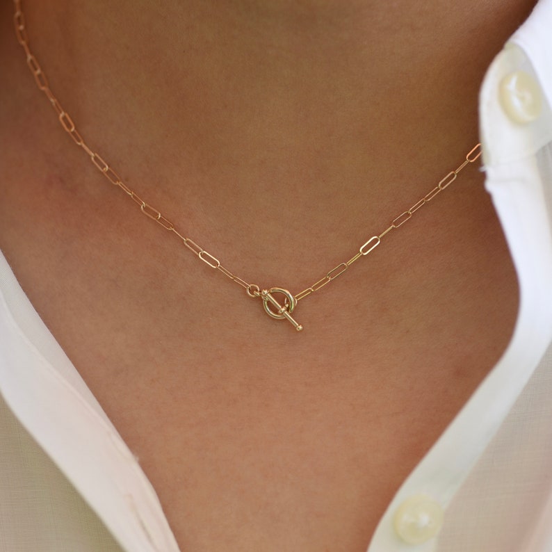 14K Gold Toggle Necklace, Gold Paper Clip Chain, Delicate Necklace Gold ...