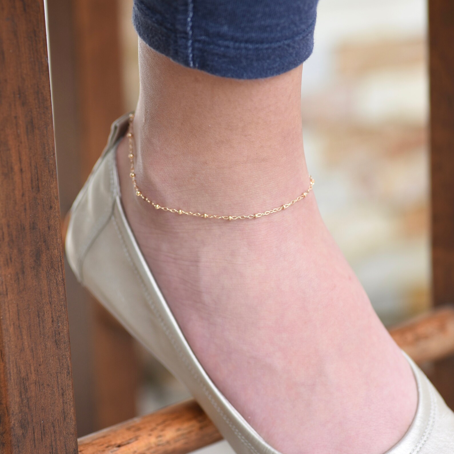 14K Gold Delicate Anklet Satellite Anklet Solid Gold - Etsy