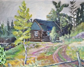 Log Cabin Oil Painting - Etsy