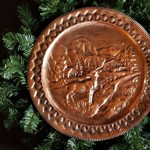 Copper Deer Landscape Wall Hanging Vintage 13.75 Round Embossed Copper ...