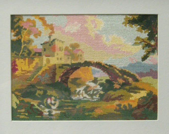 Country Bridge Landscape Needlepoint Art - 12x14" Vintage Framed Petit ...