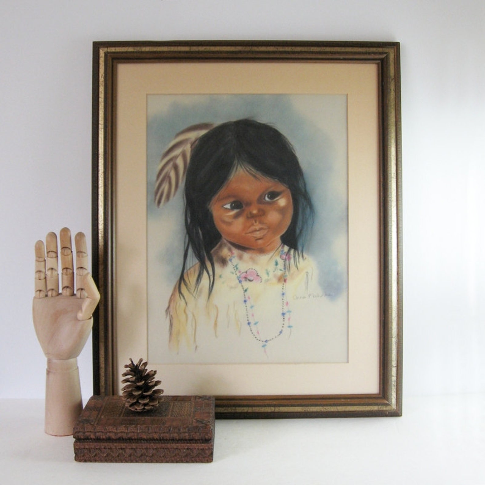Native American Girl With Feather - 1970s Pastel Fine Art Portrait ...