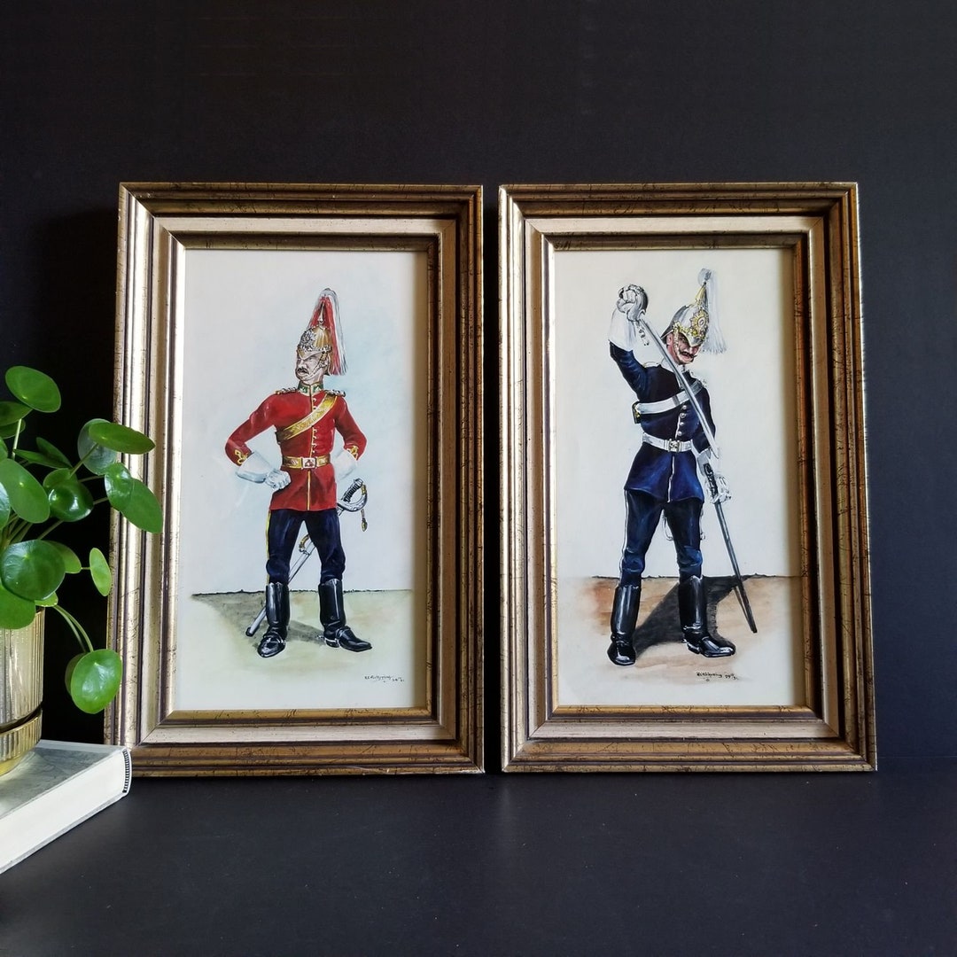 Pair of Military Men Watercolor Paintings Vintage 10x16 Framed Signed ...