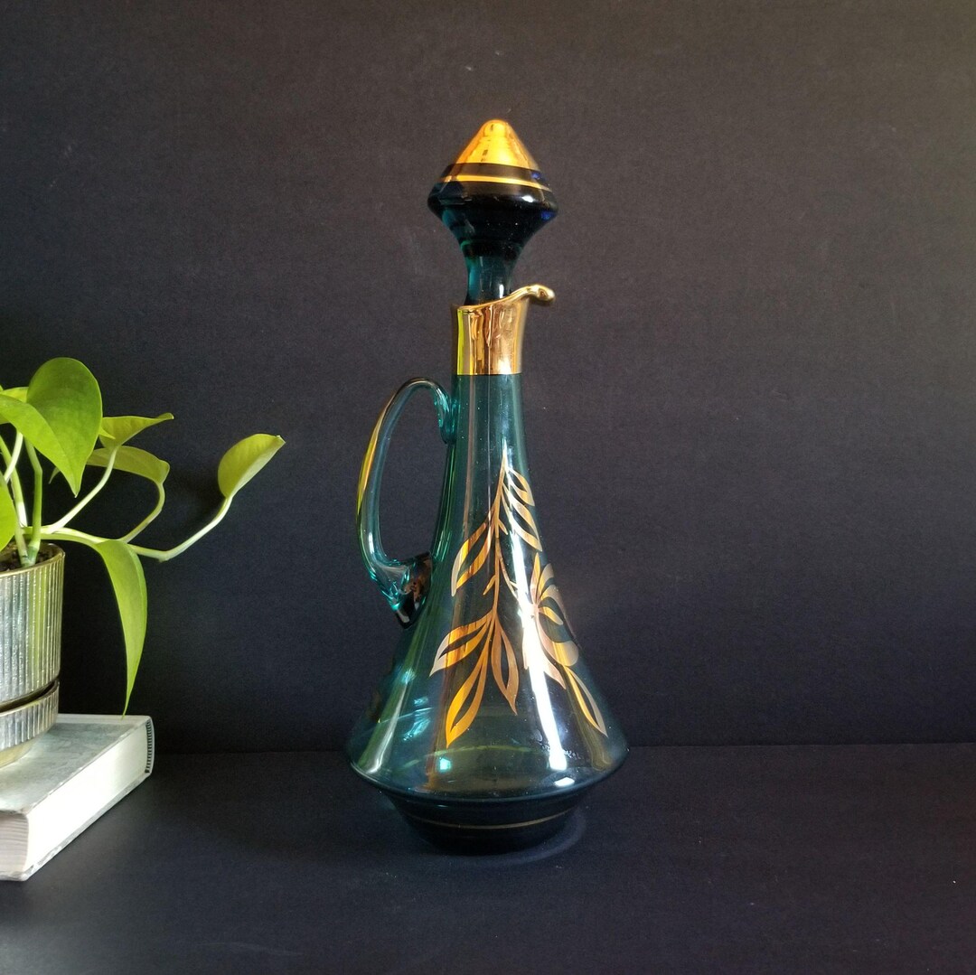 Bohemian Blue Glass Decanter W Handle & Original Stopper - Vintage 28oz ...