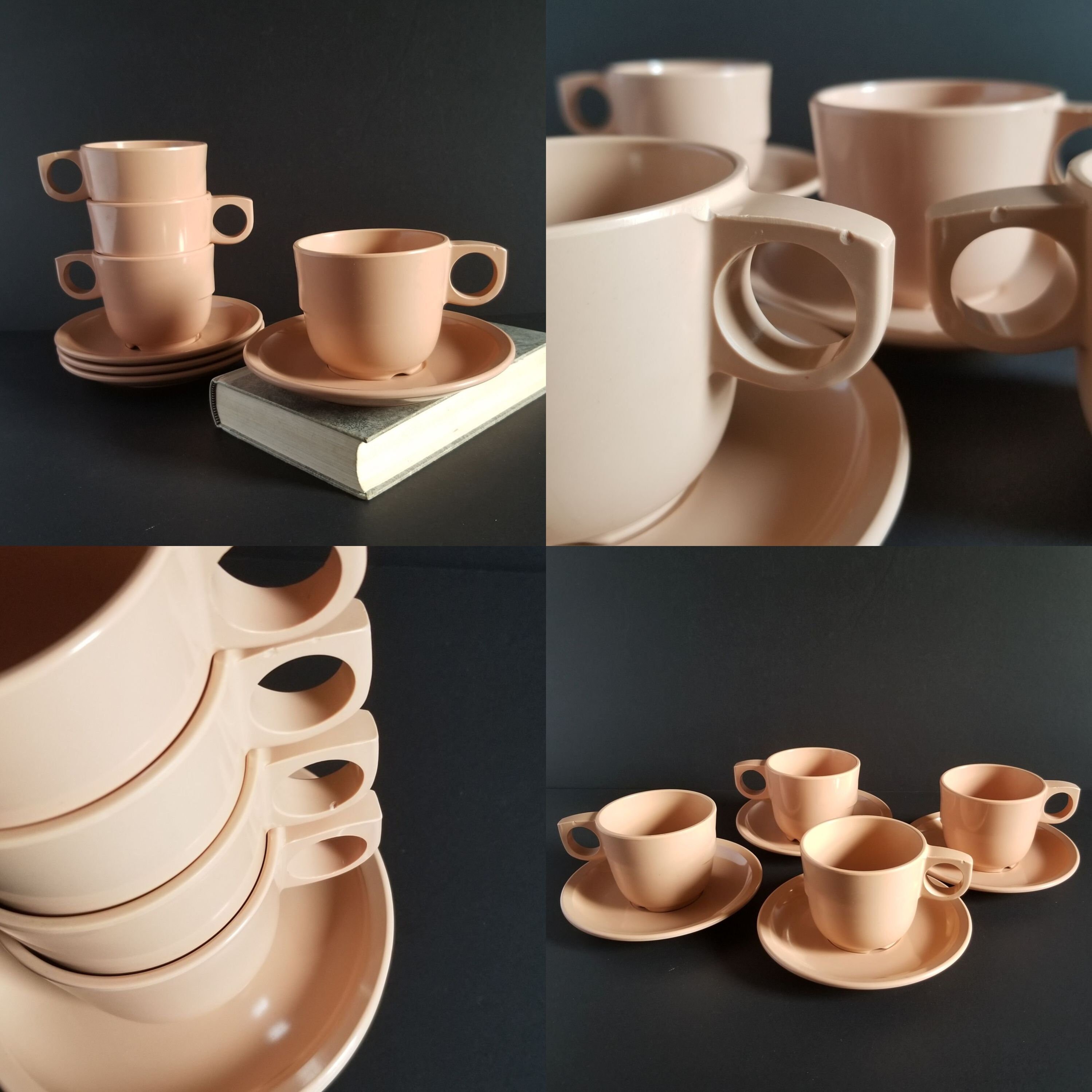 Set of 4 Melmac Tea Cup & Saucers - Vintage Peach Pink Melamine Dishes ...
