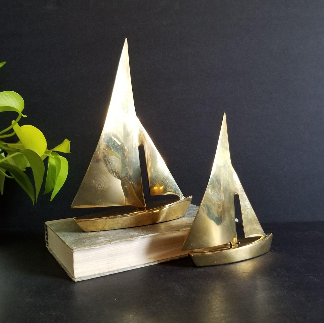 Pair of Solid Brass Sailboat Figurines - Vintage Polished Brass Sail ...
