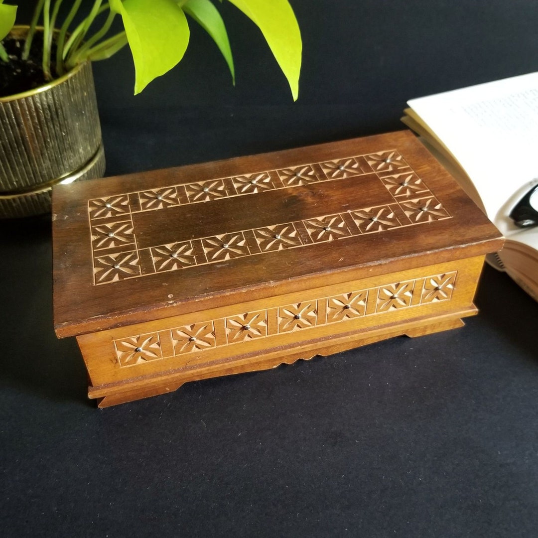 Carved Wood Box W Hinged Lid & Metal Studs - Vintage Lithuanian Folk ...