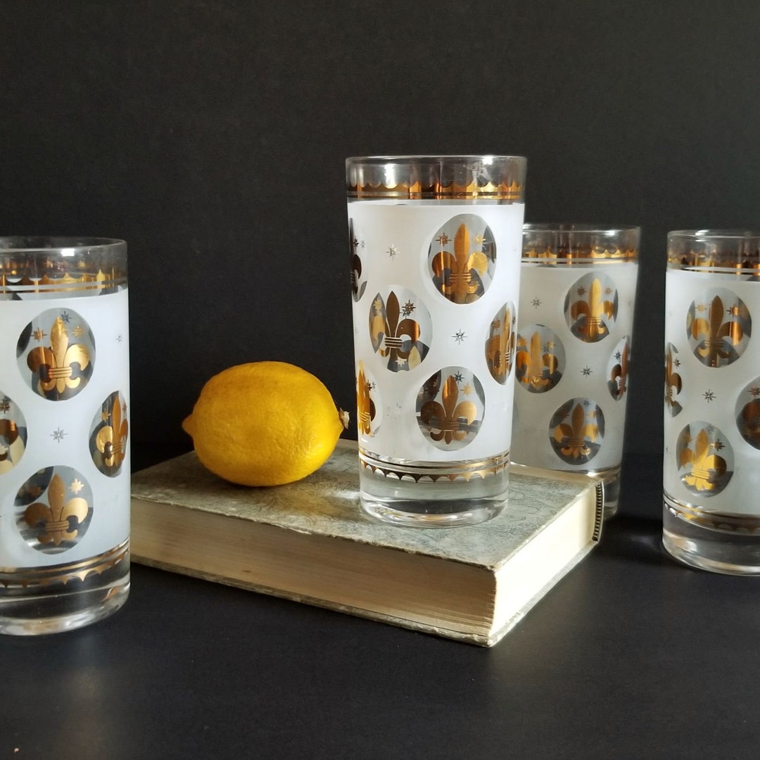 Set of 4 Federal Highball Glasses W Gold Fleur De Lis Designs Vintage ...