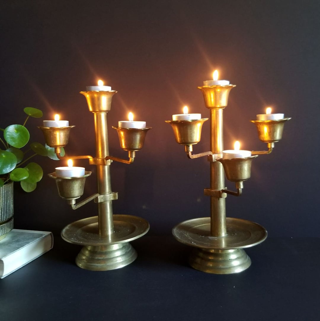 Pair of Large Brass Candelabra - Vintage 11" Tall Brass Candle Holders ...