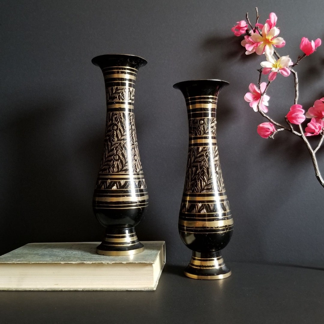 Pair of Etched Brass Flower Vases Vintage 9.5 Tall - Etsy
