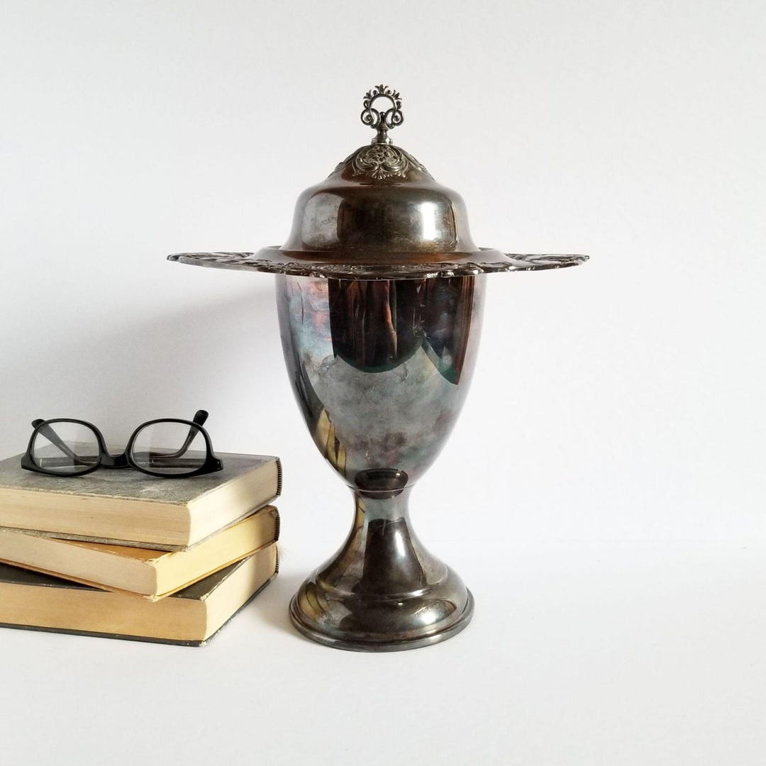 Silver Footed Compote Bowl W Ornate Finial Cover & Dutch Landscape Rim ...