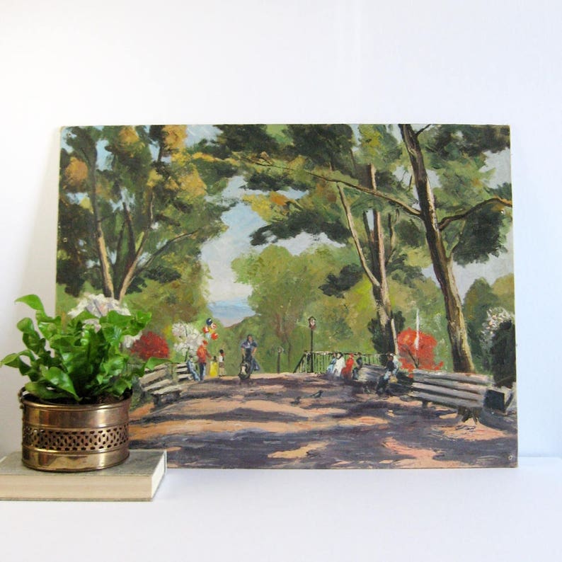 Park Promenade Landscape Painting - 18x24" Vintage Acrylic Painting on ...