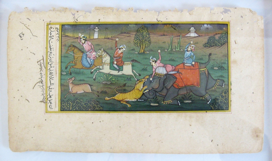 The Tiger Hunters - Mughal India Landscape Painting on Antique ...
