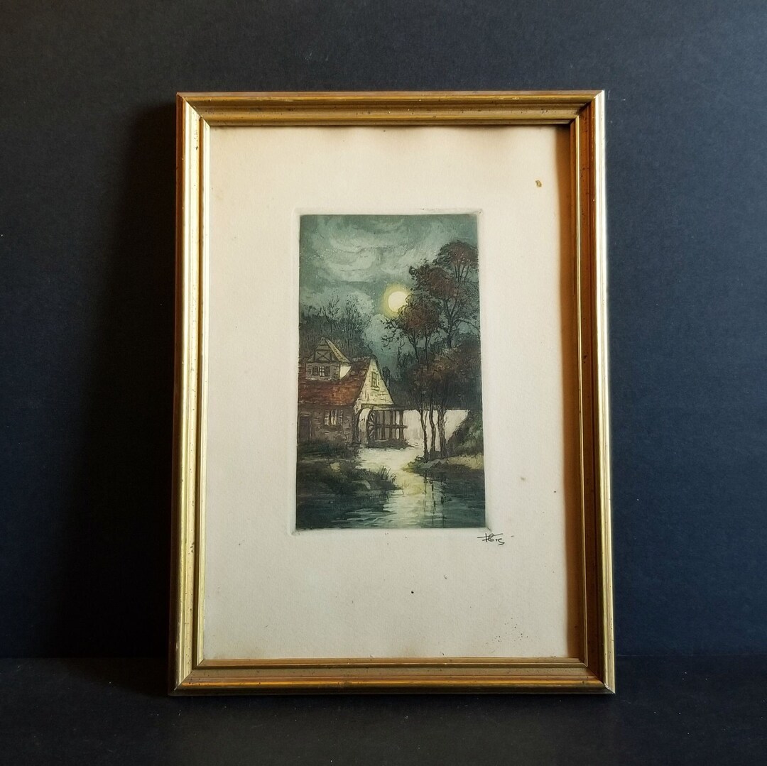 Antique Full Moon Landscape - 8.4x11.6" Vintage Framed Color Aquatint ...