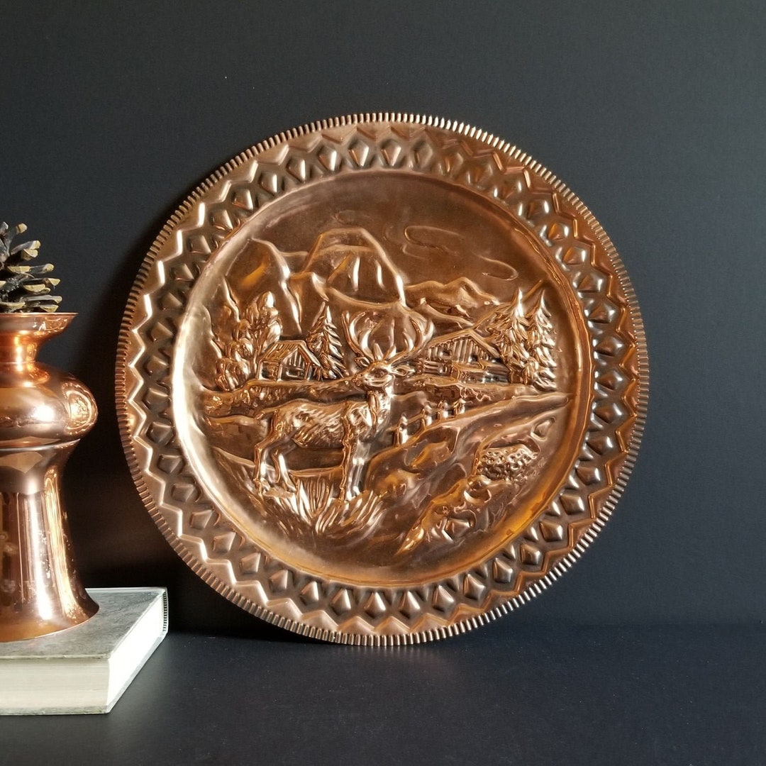 Copper Deer Landscape Wall Hanging Vintage 13.75 Round Embossed Copper ...