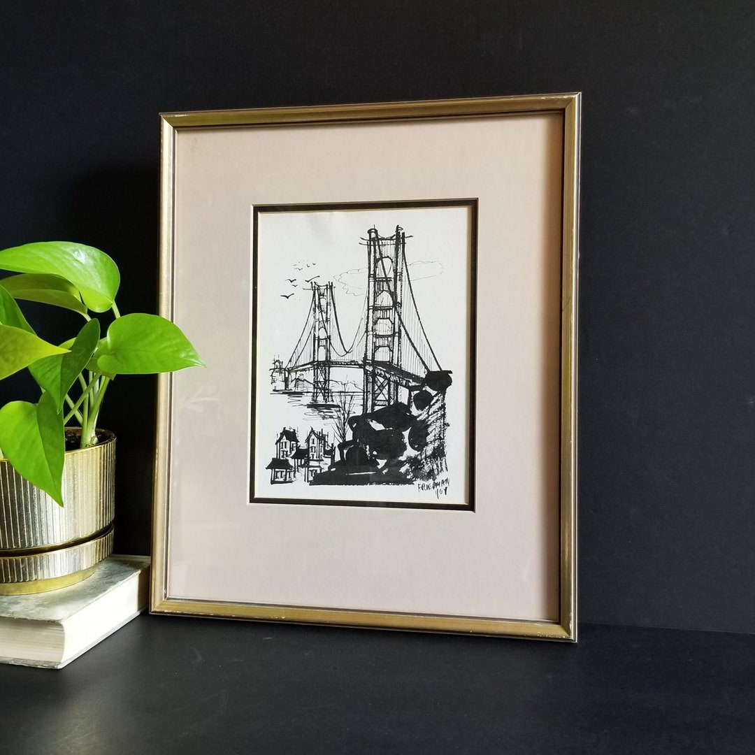 San Francisco Golden Gate Bridge Scene - 11.5x14" Vintage Gold Framed ...