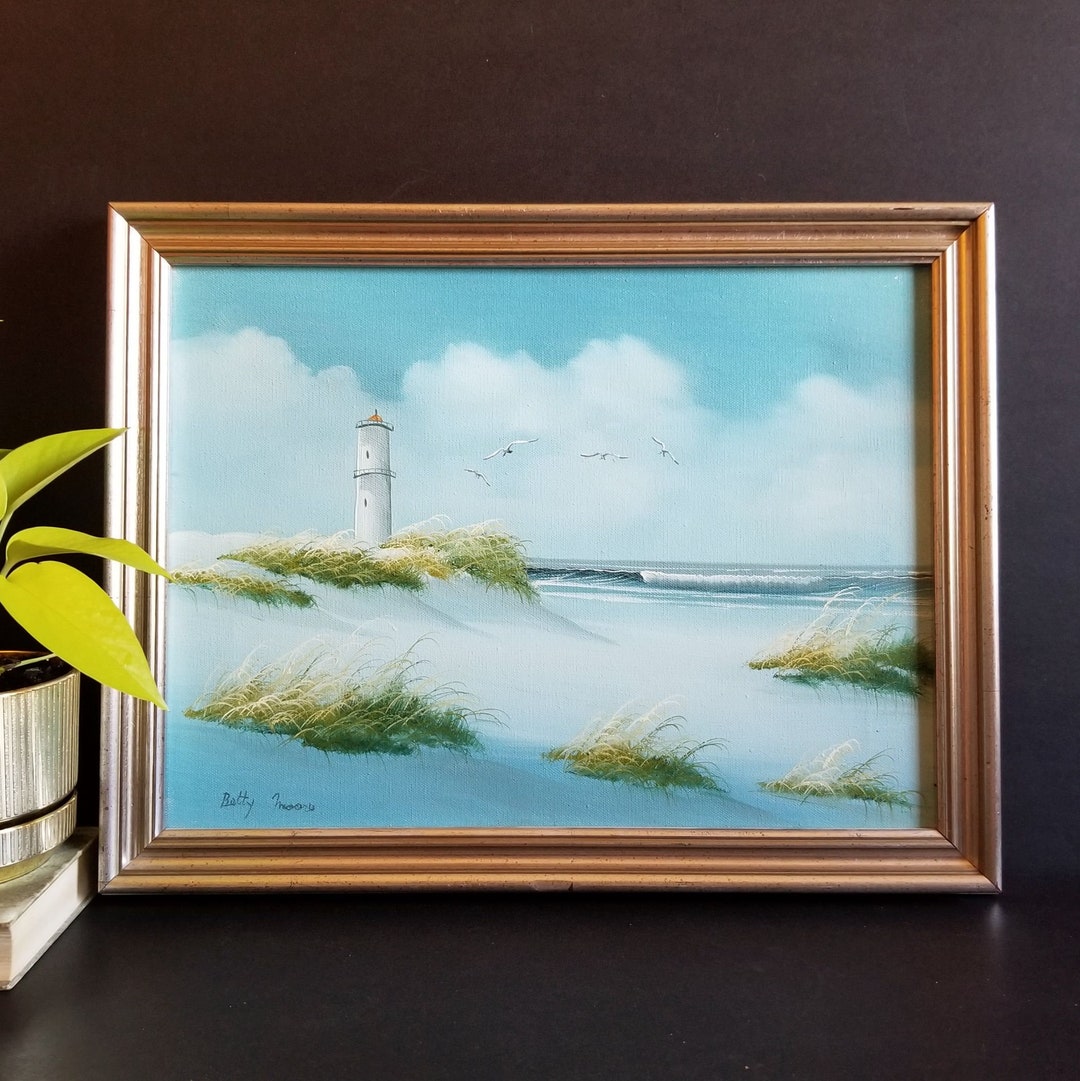 Blue Beachscape Oil Painting With Lighthouse - 18.4x14.25" Vintage ...