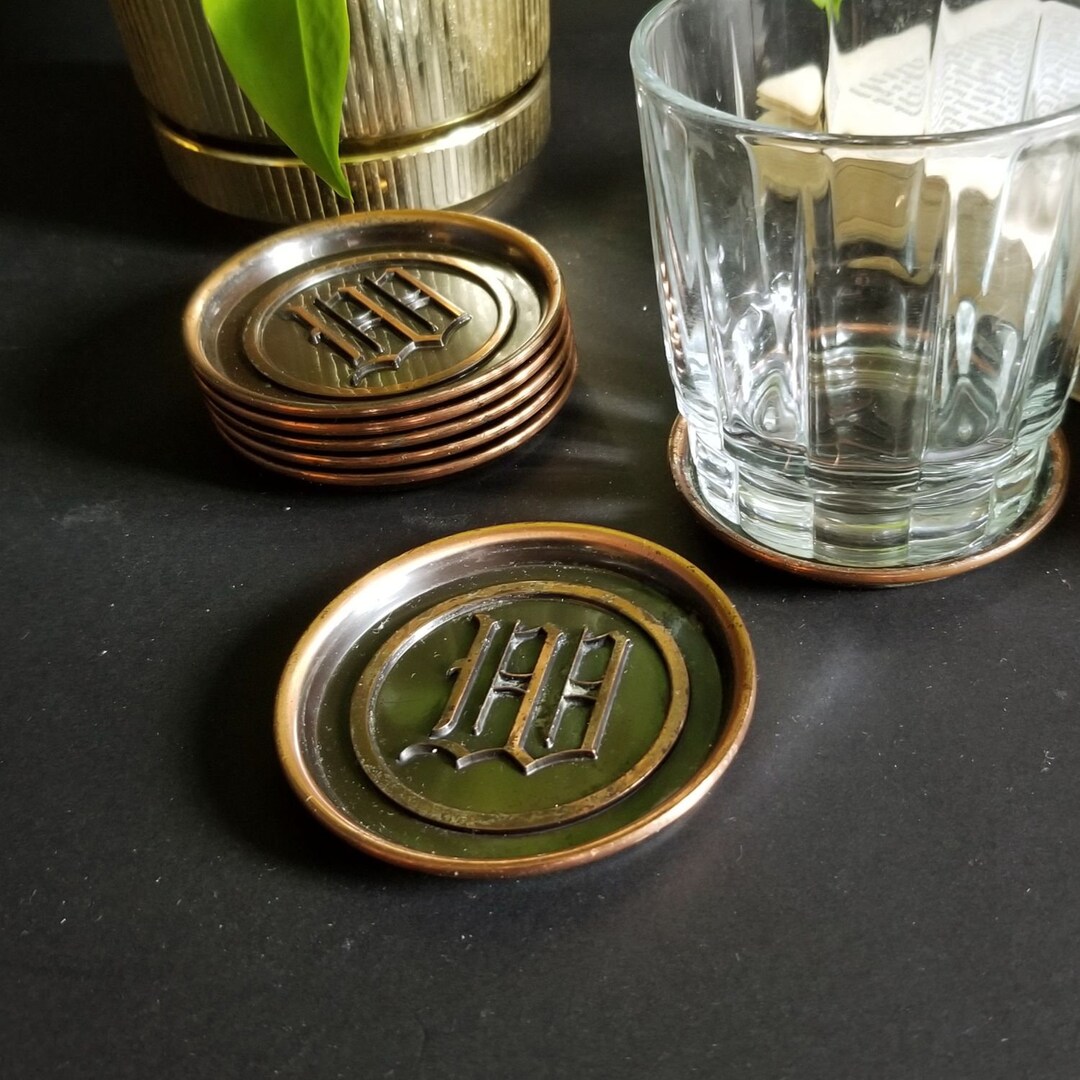 Set of 7 Copper Coasters W Letter W Monogram Vintage Hyde Park Metal ...