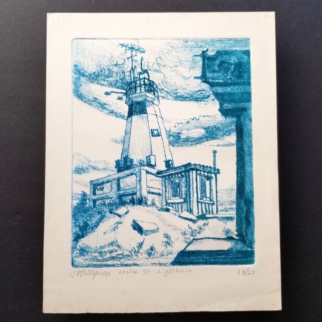 Blue Lighthouse Scene Signed Etching Print by JV Phillips Vintage 8x10 ...