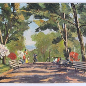 Park Promenade Landscape Painting - 18x24" Vintage Acrylic Painting on ...