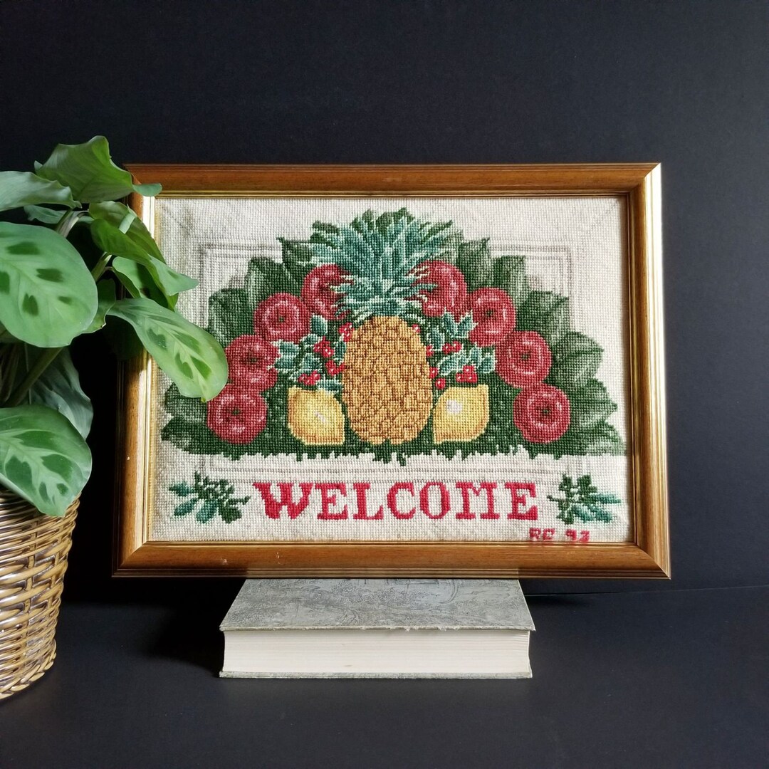 Pineapple Welcome Sign - 12x15" Vintage Gold Framed Needlepoint ...